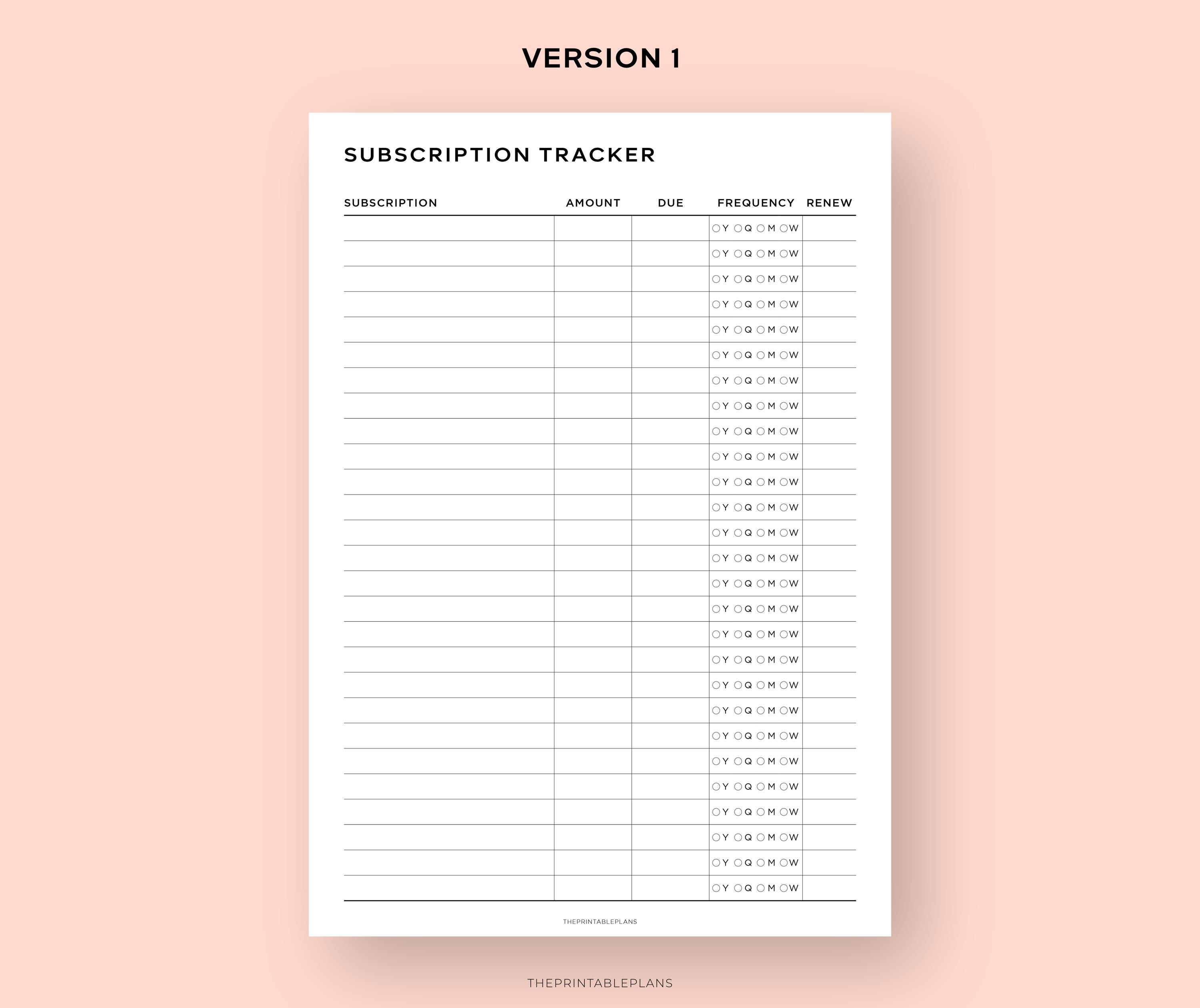 Subscription Tracker Printable, Membership Tracker, Subscription ...