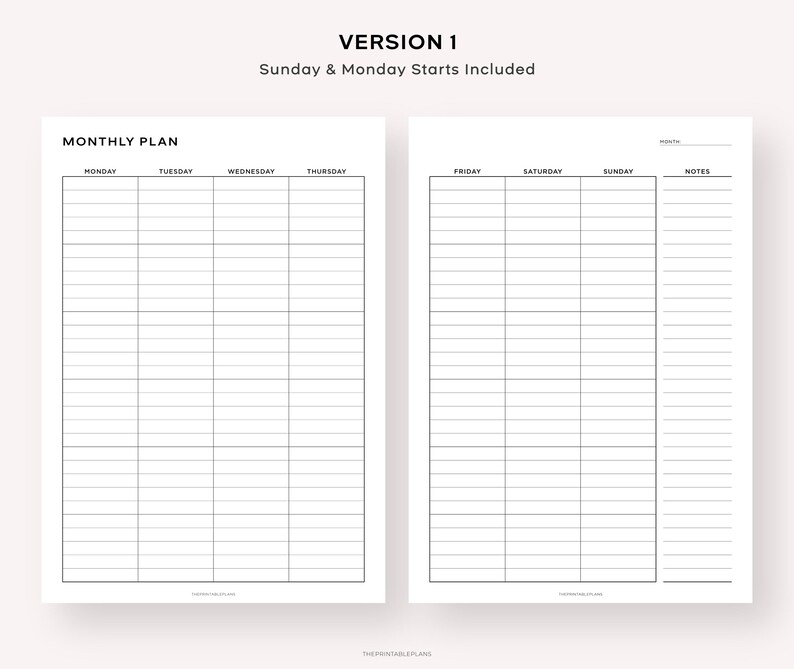 Lined Monthly Planner Printable, Month on 2 Pages, Monthly Calendar ...
