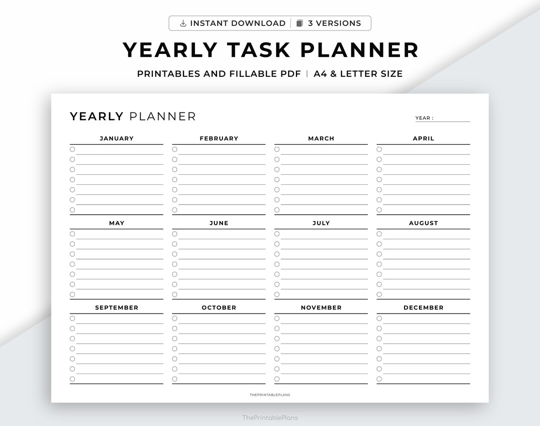 Landscape Yearly Tasks Planner Printable, Yearly to Do List, Minimalist ...