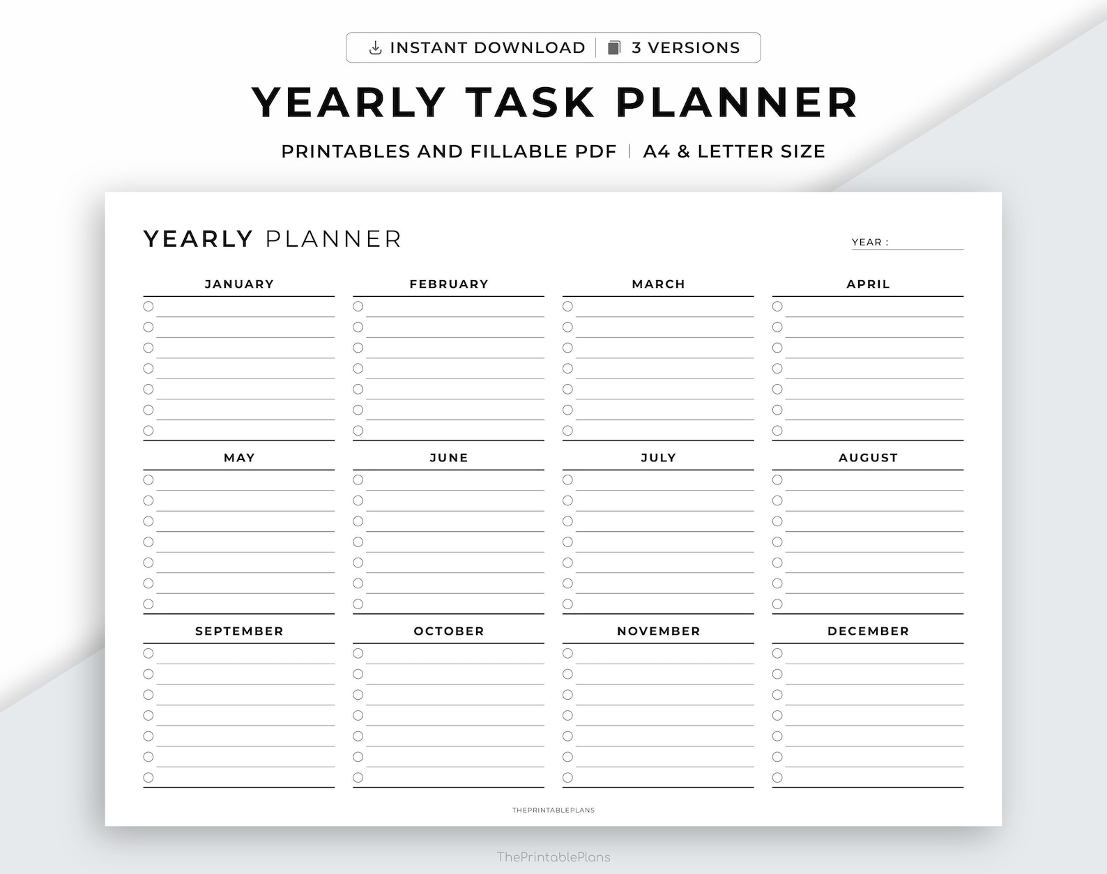 Landscape Yearly Tasks Planner Printable, Yearly to Do List, Minimalist ...
