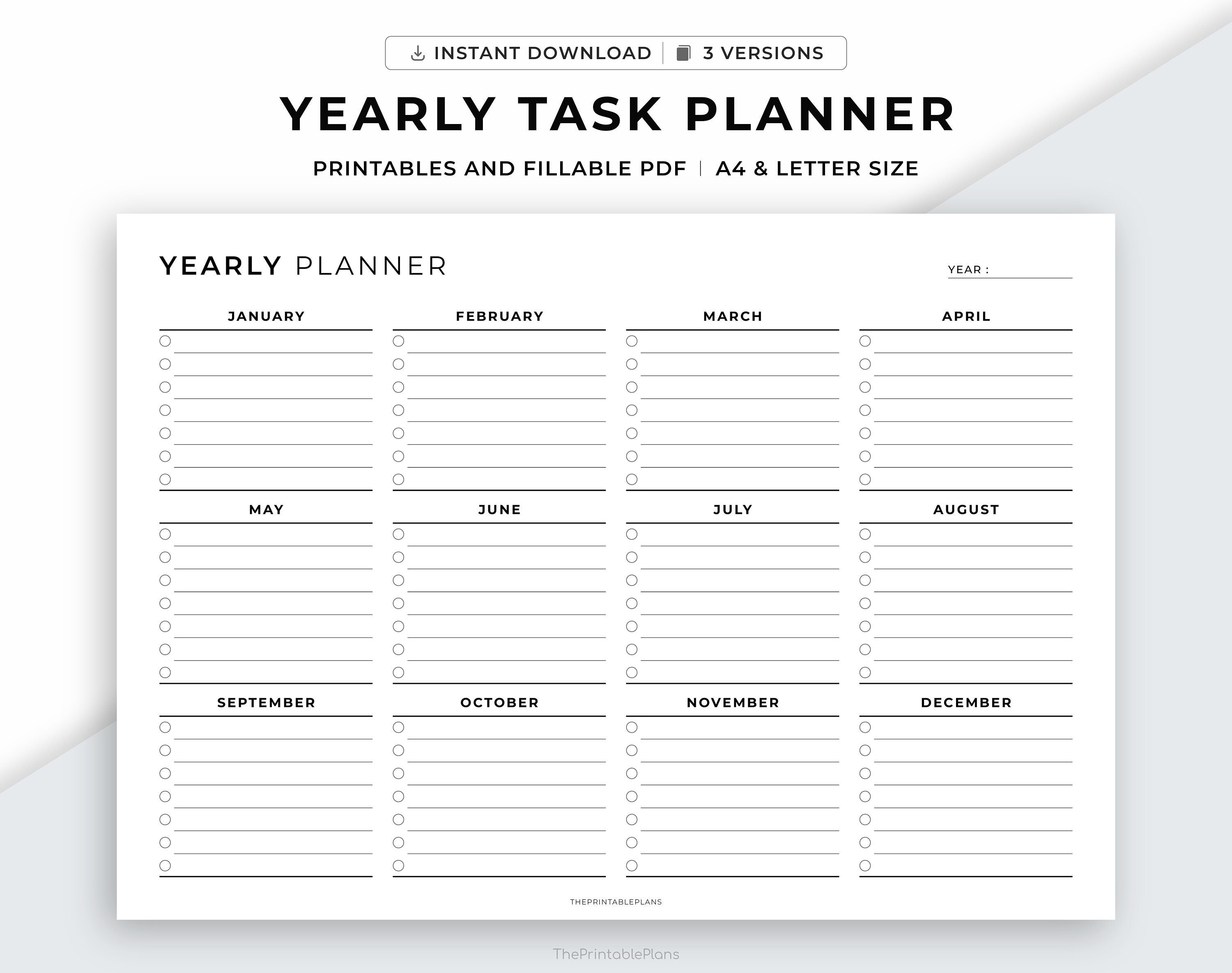 Landscape Yearly Tasks Planner Printable, Yearly to Do List, Minimalist ...