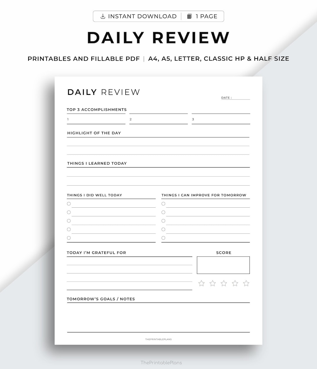 Daily Review Printable, Daily Reflection, Printable Daily Review ...