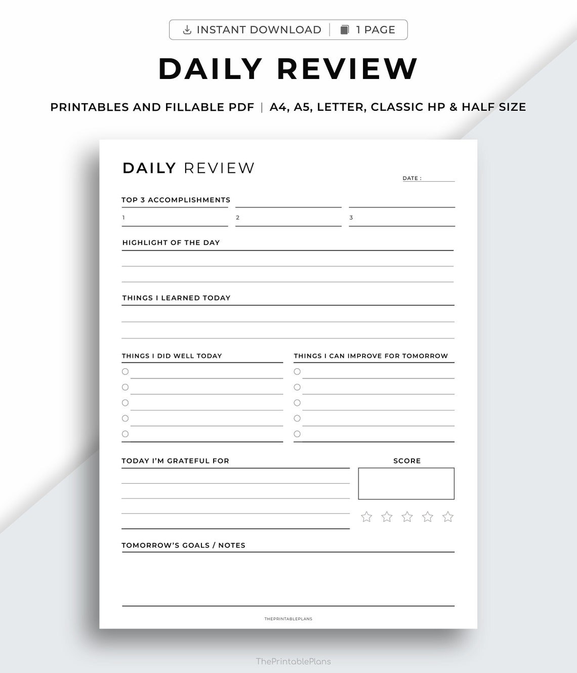 Daily Review Printable, Daily Reflection, Printable Daily Review ...