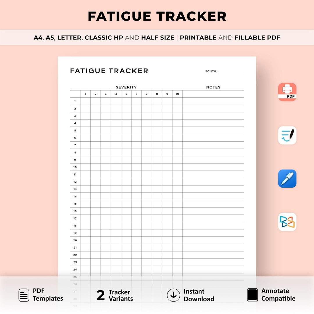 Monthly Fatigue Tracker Printable, Track Daily Fatigue Severity, Health ...