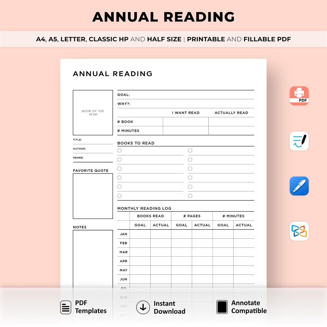 Annual Reading Tracker, Reading Goal Planner, Book List, Reading ...