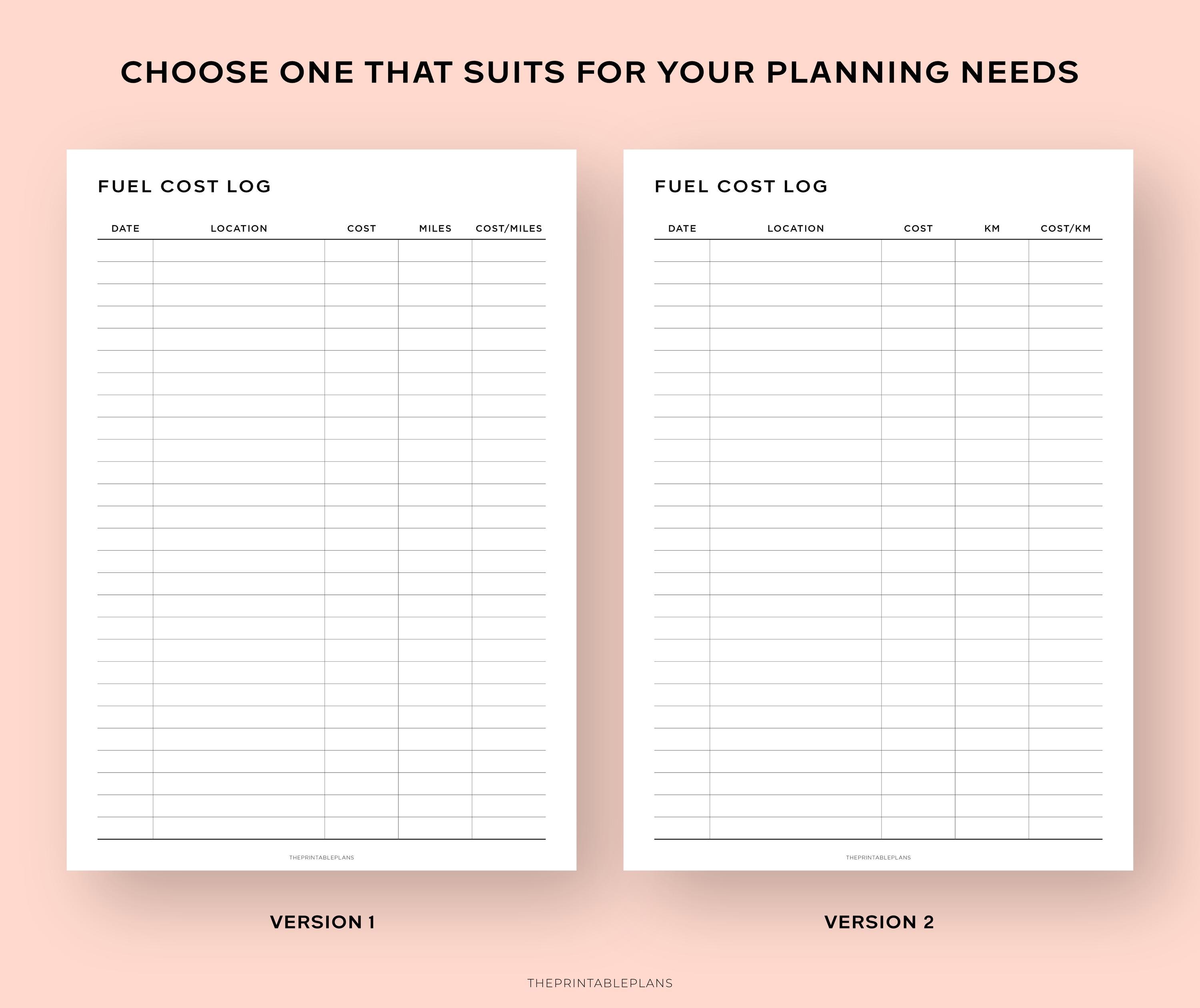 Fuel Cost Tracker Printable, Vehicle Fuel Cost per Mile, Fuel Expense ...