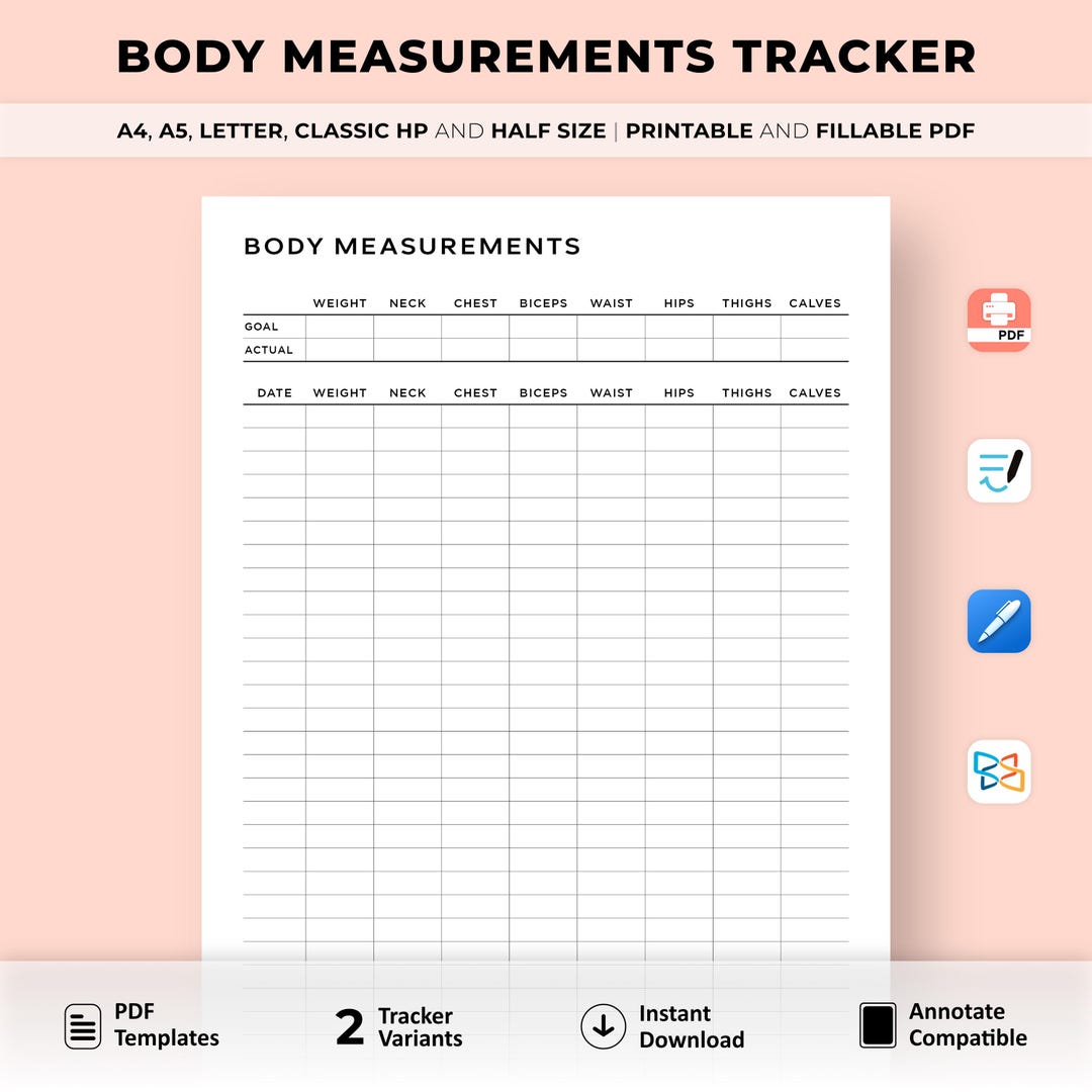 Body Measurements Tracker Printable, Body Transformation Template ...