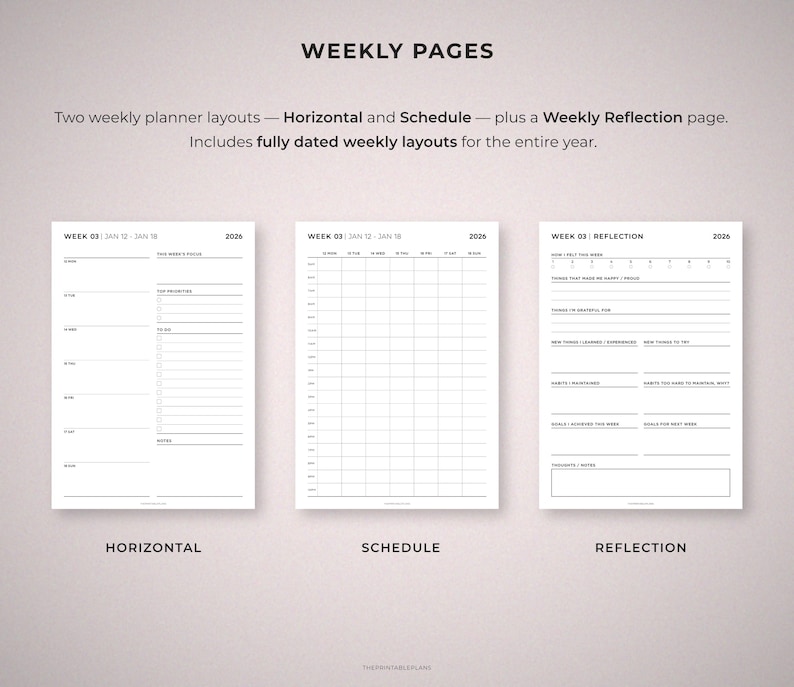 2026 Dated Planner Printable, Daily Weekly Monthly Pages, Year at a ...