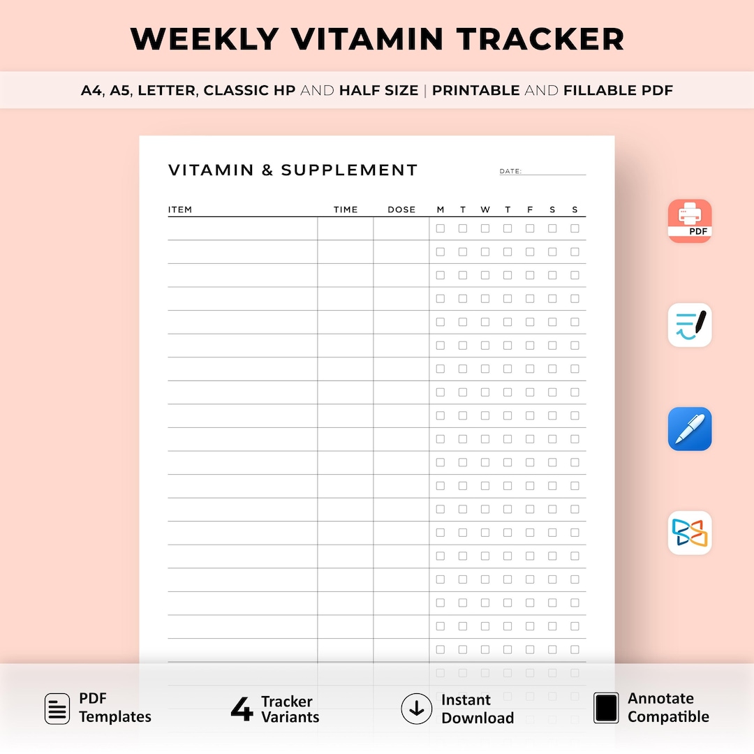 Weekly Vitamin Tracker Printable, Supplement Checklist, Vitamin Intake ...
