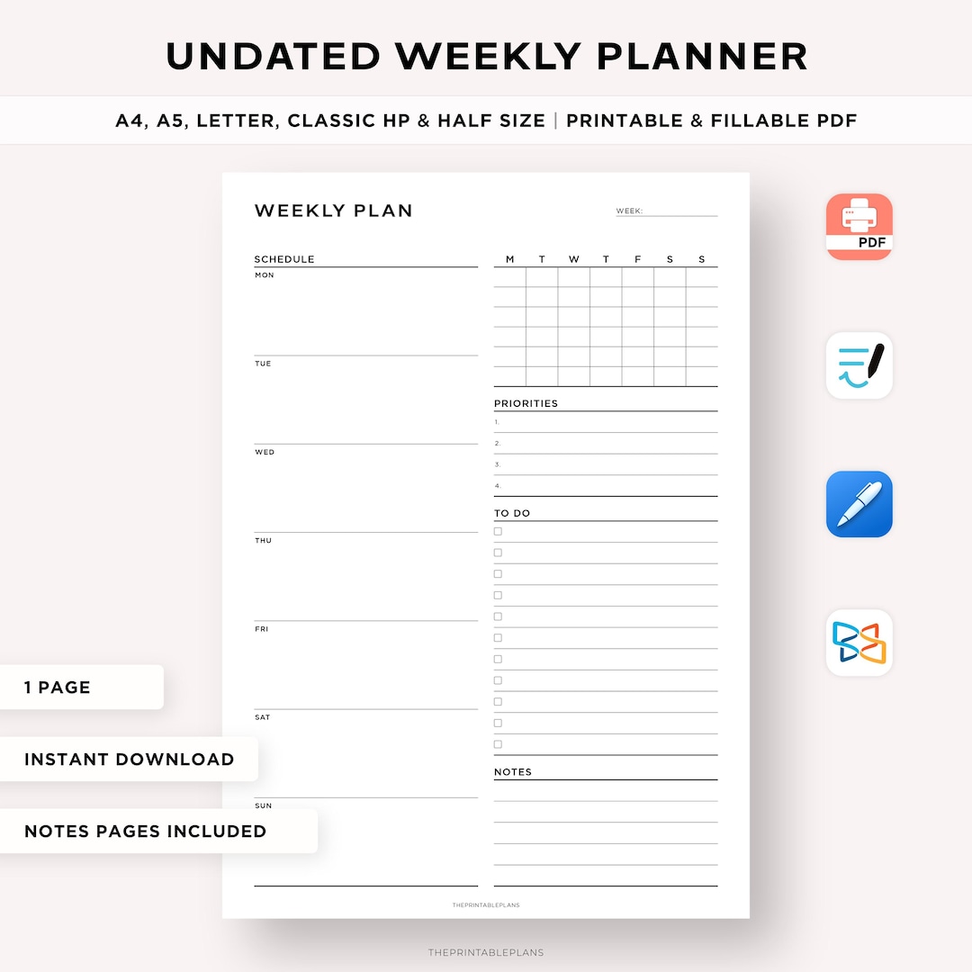 Weekly Planner Printable, Weekly Agenda, Weekly Schedule Organizer ...