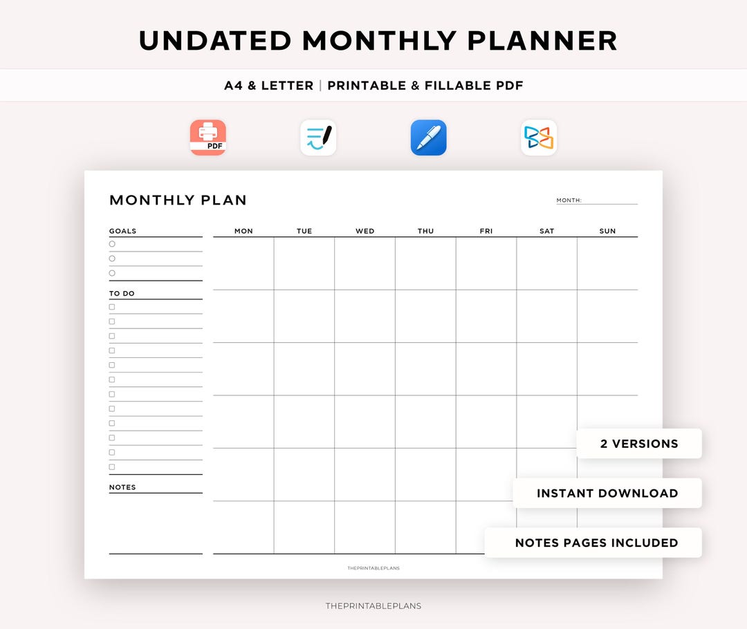 Monthly Goal Planner Landscape, Undated Monthly Organizer, Blank ...