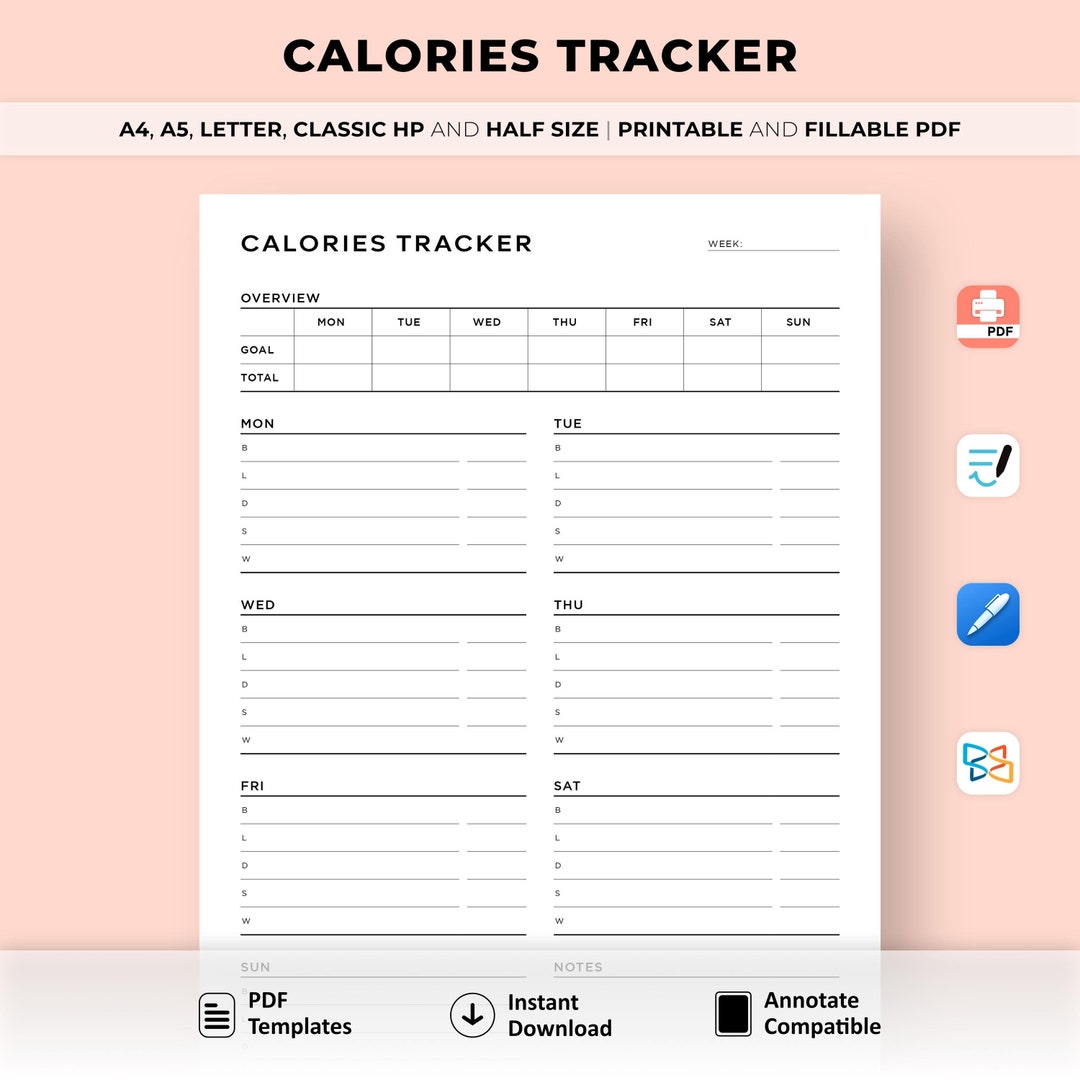 Calorie Tracker Printable, Calories Journal, Daily Weekly Calorie ...