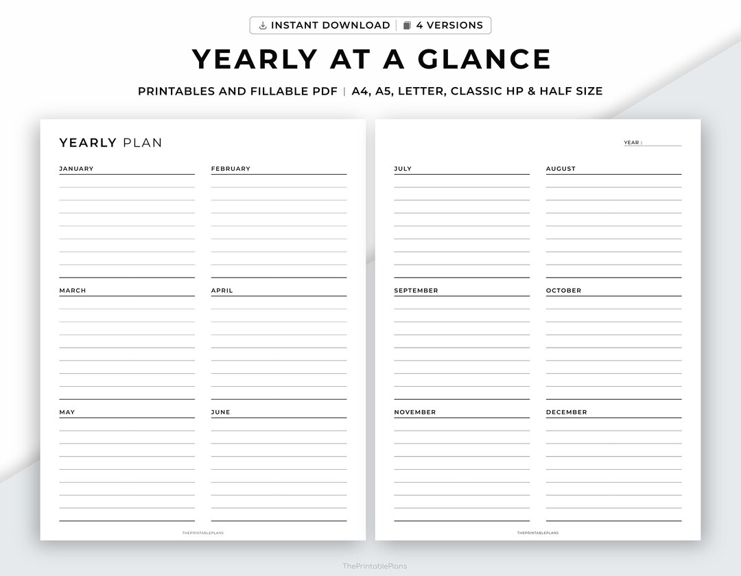 Year at a Glance, Two Page Yearly Planner Printable, 12 Month Overview ...