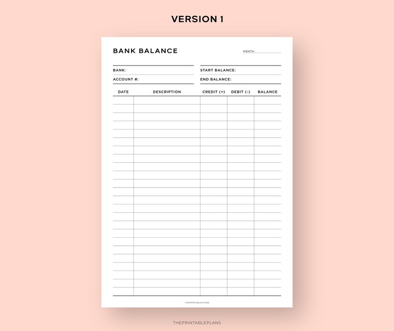 Bank Balance Sheet Printable, Bank Account Transactions Tracker, Bank ...