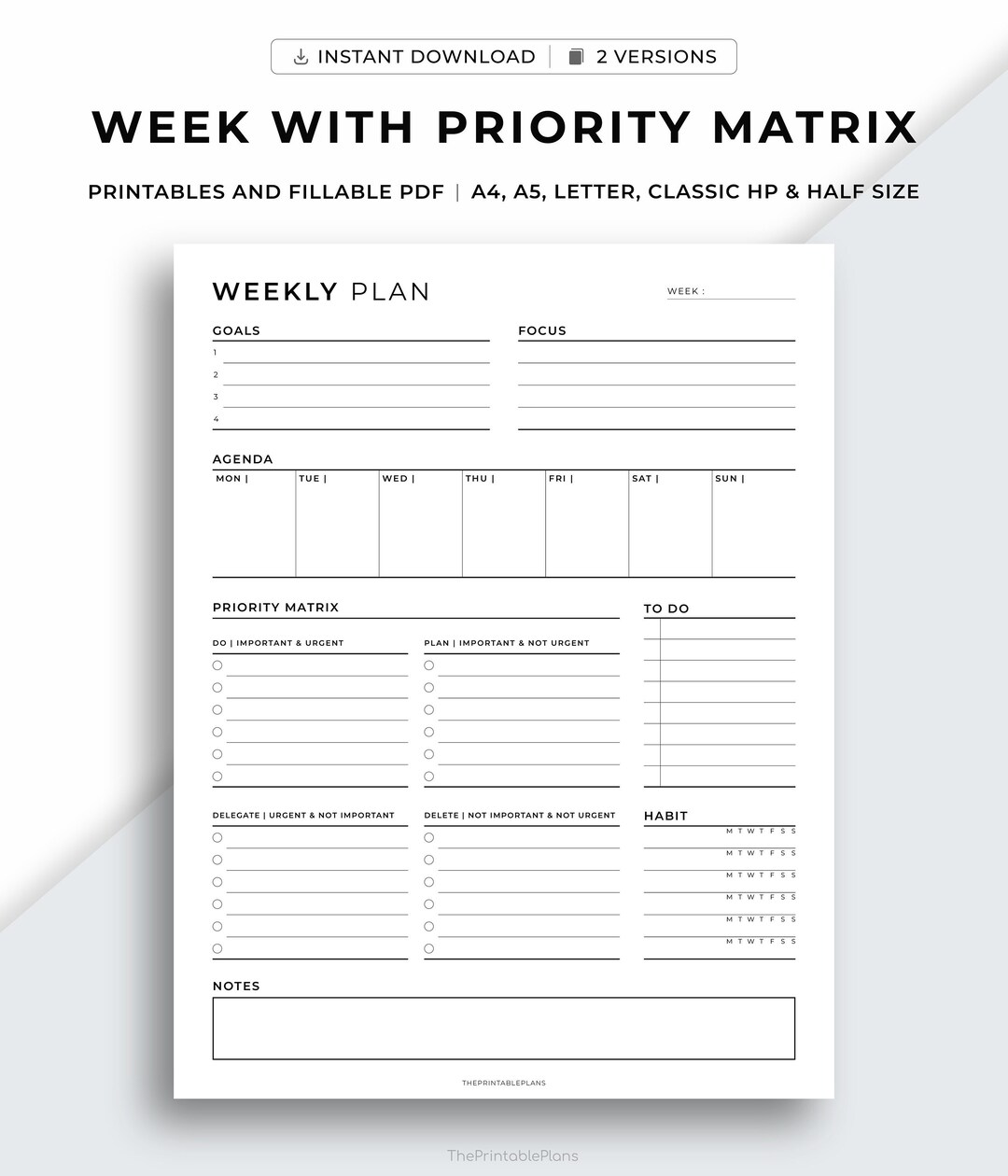 Weekly Planner Priority Matrix Printable, Weekly Planner Printable ...