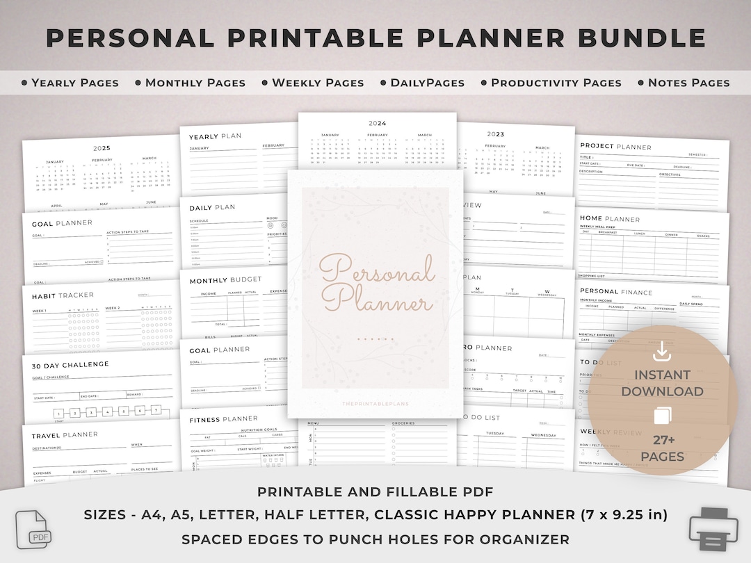 Printable Planner, Personal Planner Bundle, Daily Weekly Monthly ...
