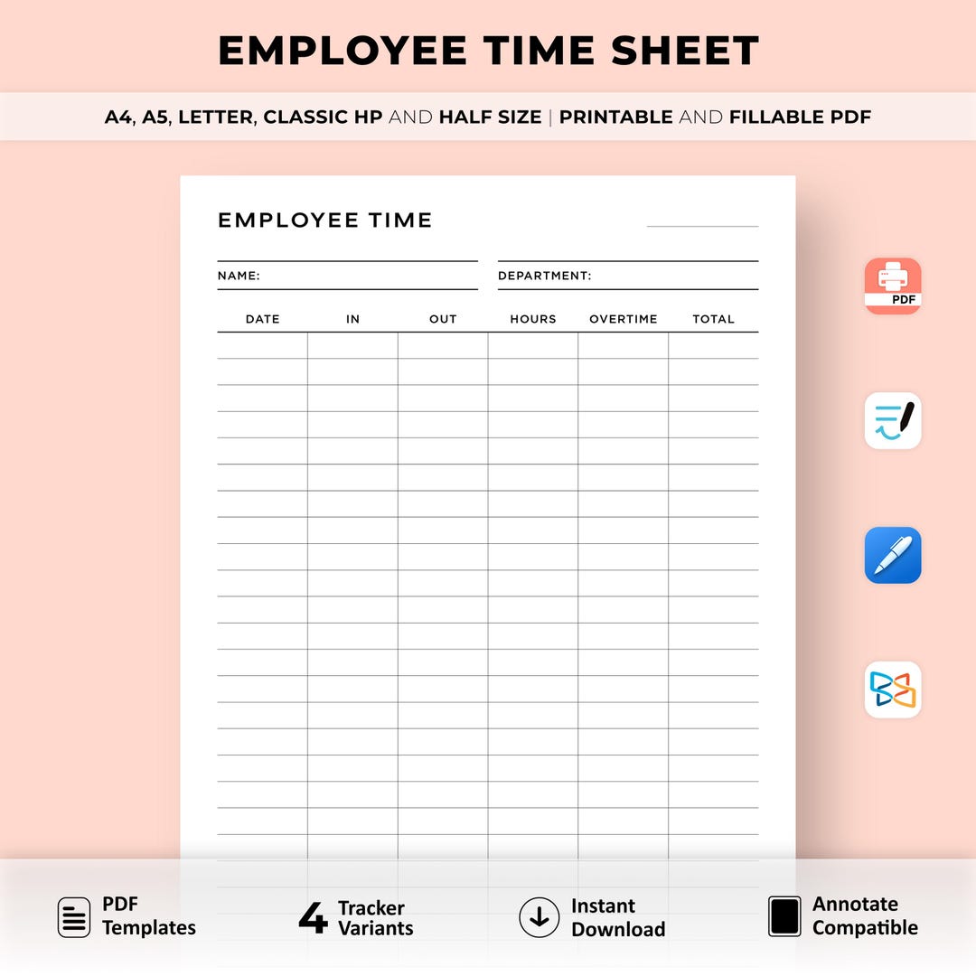 Employee Time Tracker Printable, Employee Time Sheet, Working Hours ...