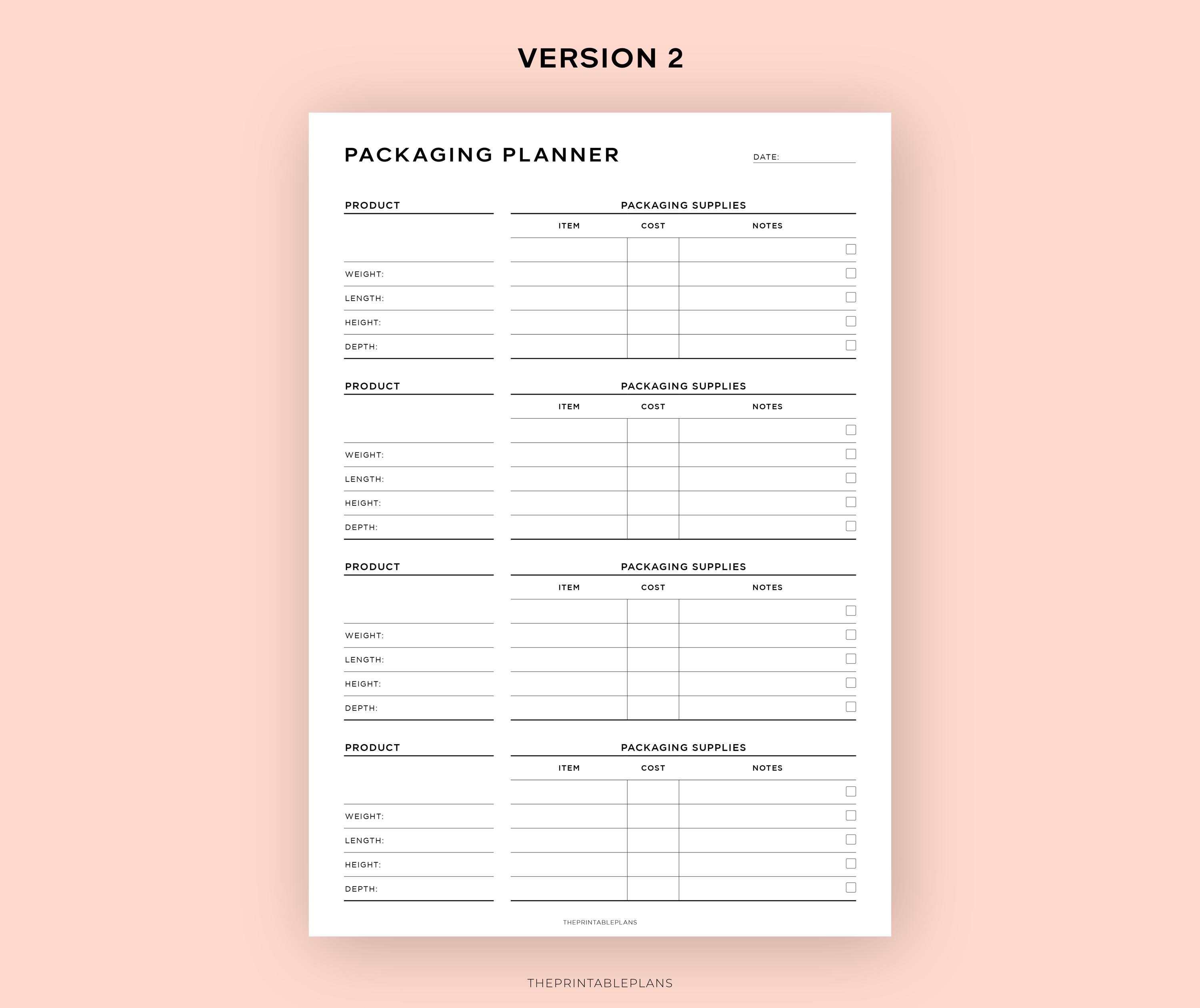 Packaging Planner Printable, Small Business Plan, Packaging Supplies ...