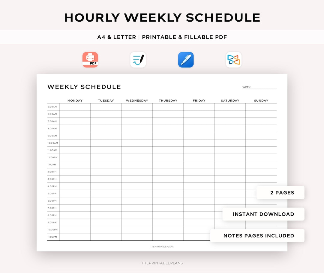 Hourly Weekly Schedule Landscape, Weekly Planner Printable, Week at a ...