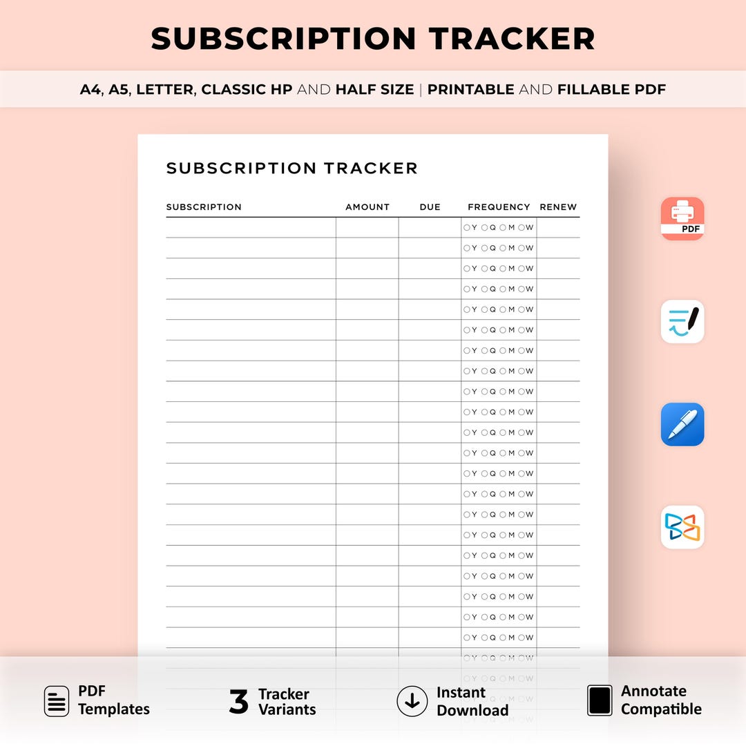 Subscription Tracker Printable, Membership Tracker, Subscription ...