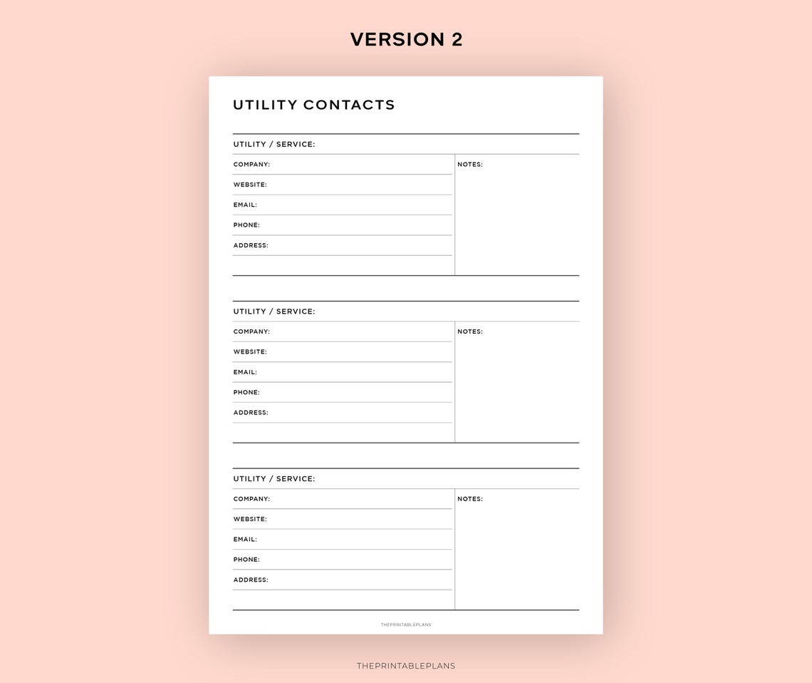 Utility Contacts Template Printable, Service Provider List (a4/a5 ...
