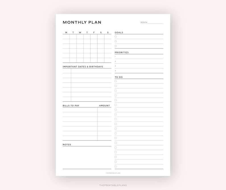Month at a Glance Printable, Monthly Planner, Monthly Goal Planner, to ...