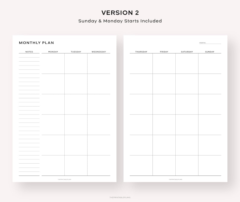 Undated Monthly Planner Printable, Month on Two Pages, Month at a ...