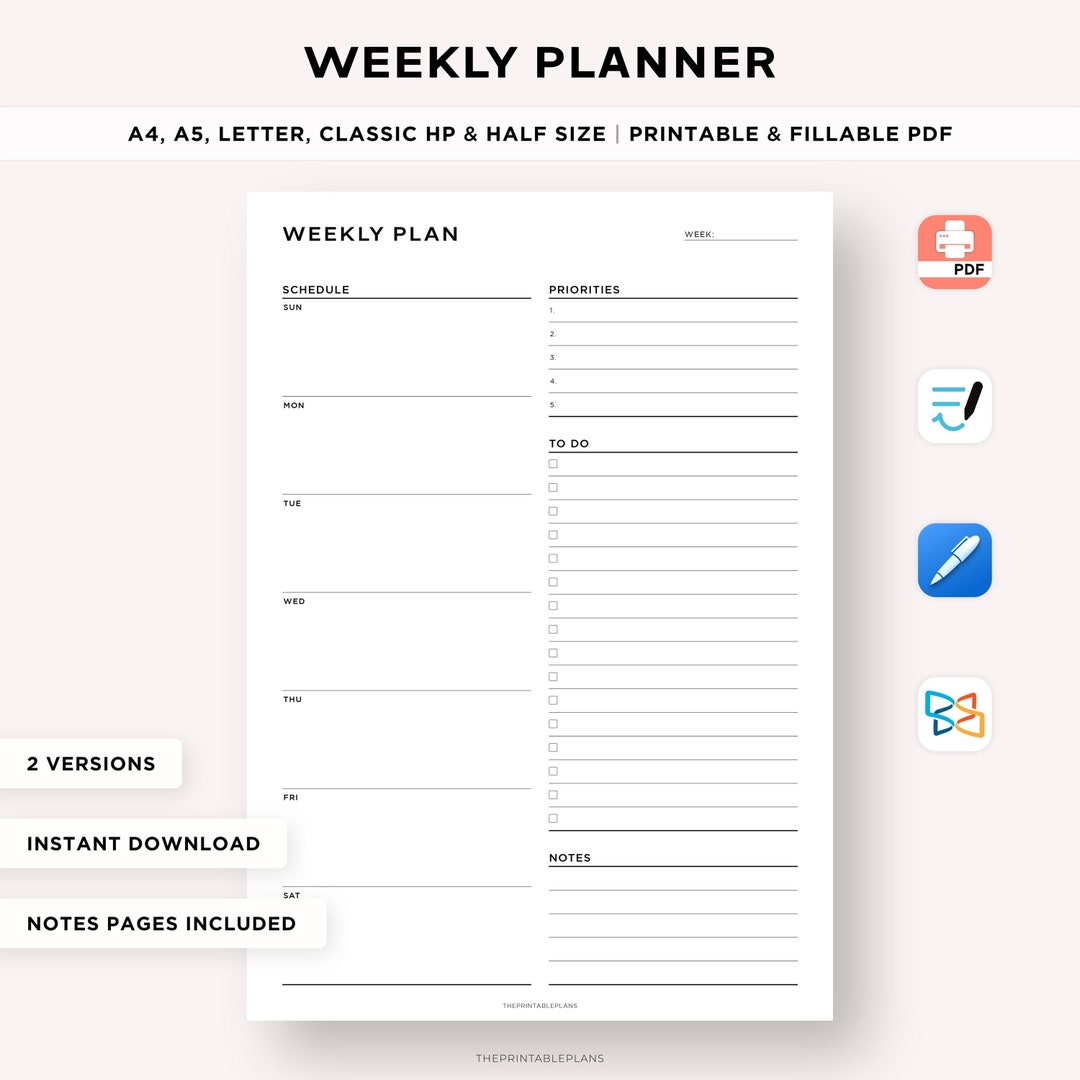 Simple Weekly Planner Printable, Weekly Agenda, Weekly Organizer ...