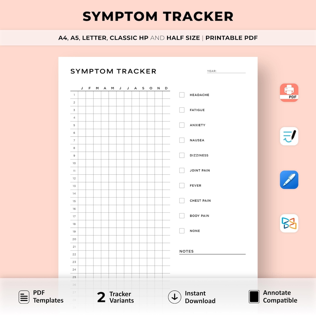Symptom Tracker Printable, Symptoms Journal, Medical Planner, Pain ...
