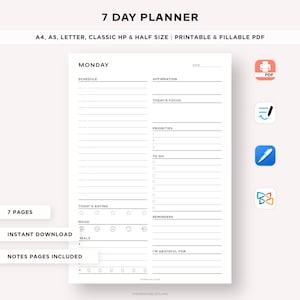 7 Day Planner Printable, Daily Planner, Meal Planner, Daily Schedule ...