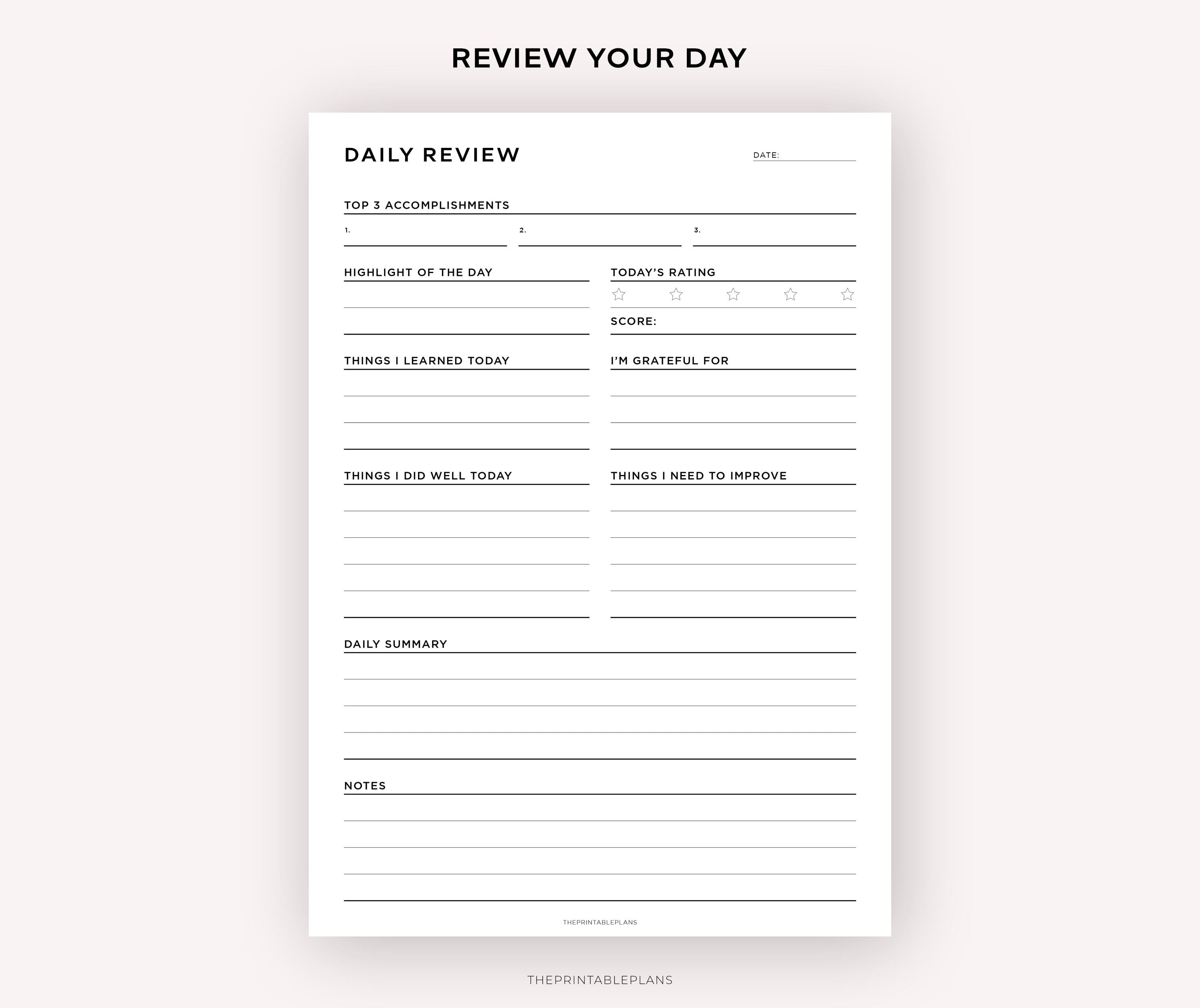 Daily Review Printable, Daily Reflection, Printable Daily Review ...