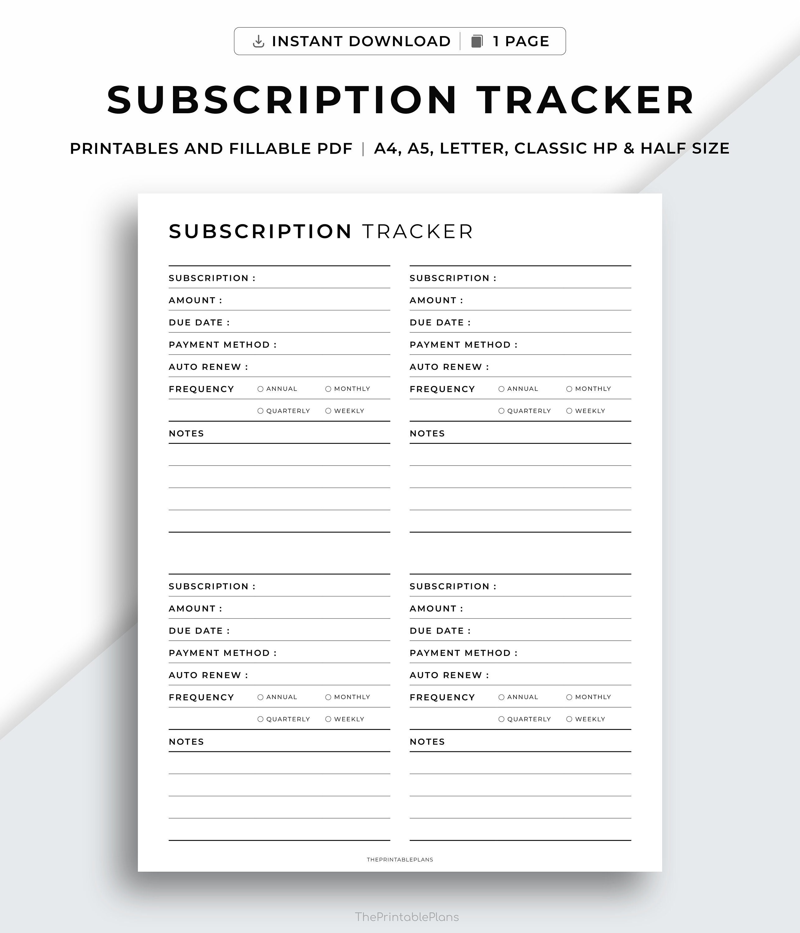 Subscription Tracker Printable, Membership Tracker, Subscription ...