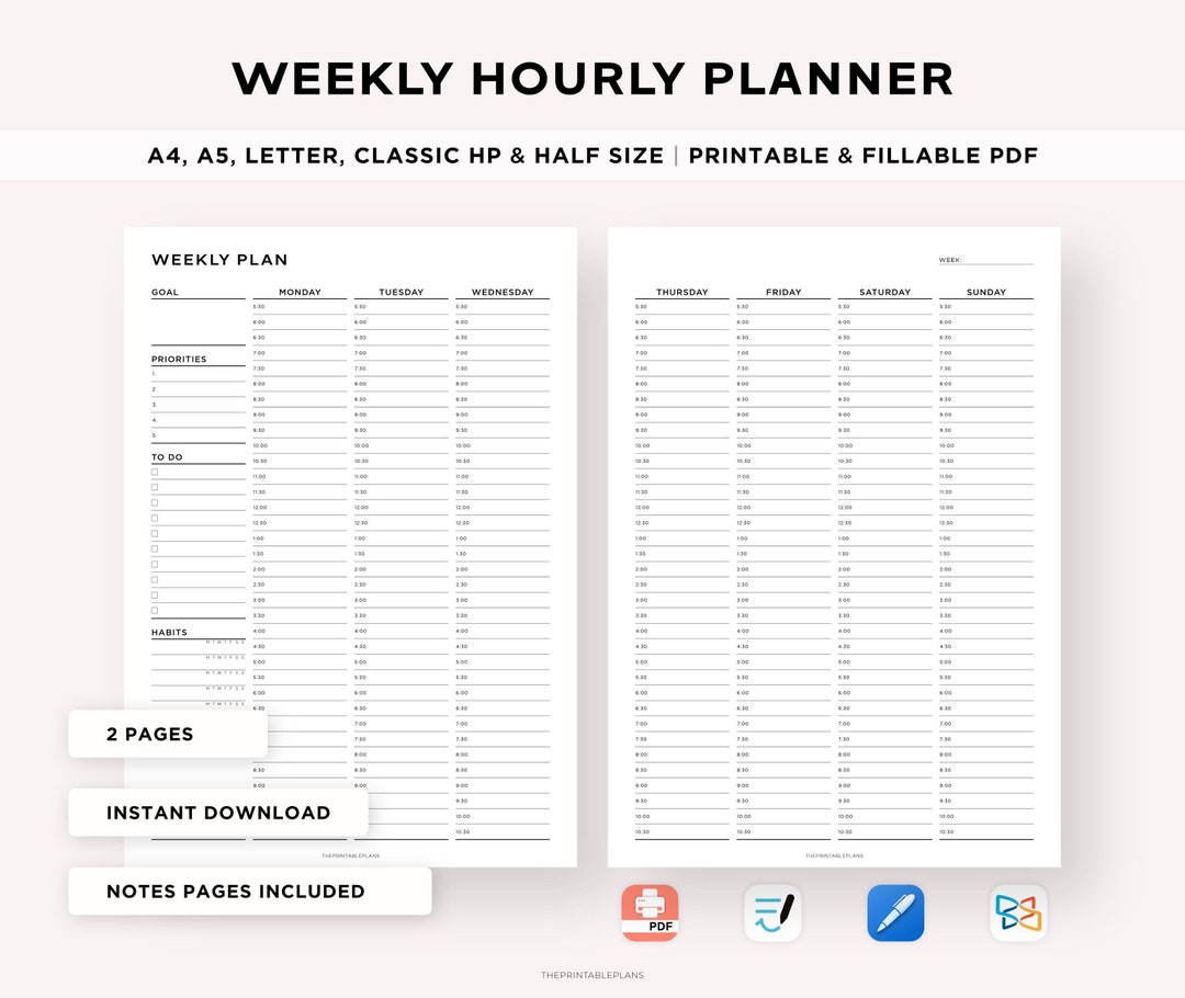 Weekly Hourly Planner Printable, Weekly Schedule, Daily Planner ...