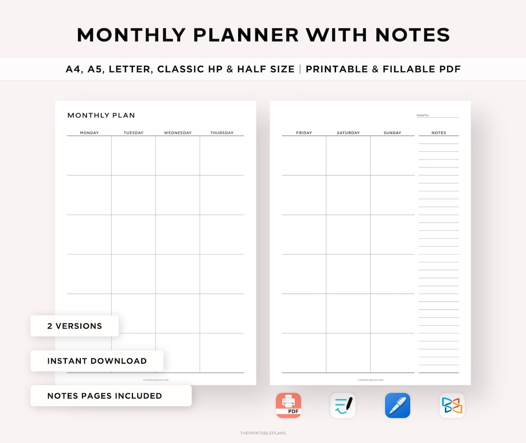 Undated Monthly Planner Printable, Month on Two Pages, Month at a ...