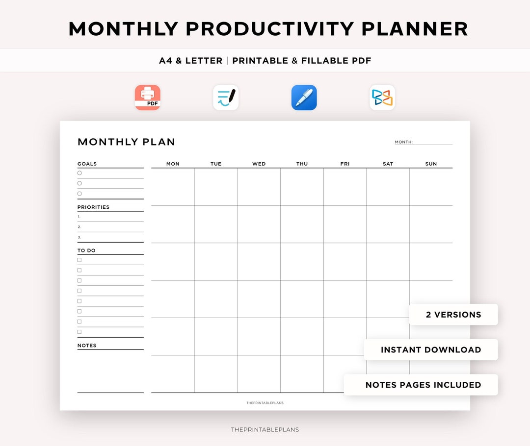 Monthly Productivity Planner Landscape, Undated Monthly Organizer, Goal ...
