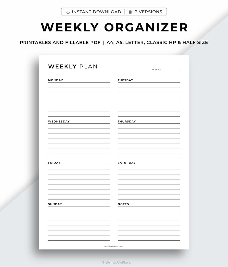 Weekly Organizer Printable, Weekly Schedule, Weekly Planner Printable ...