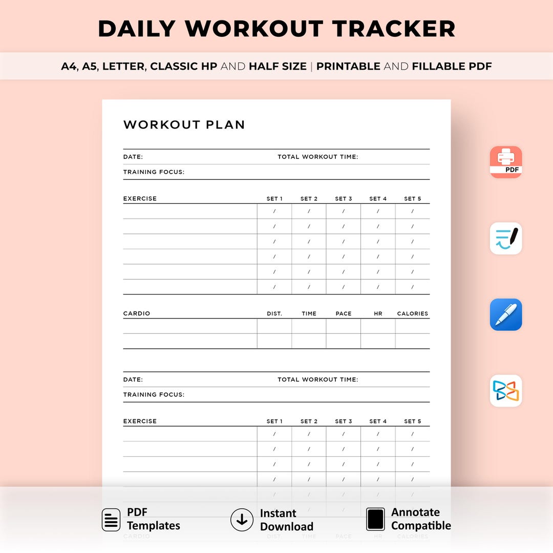 Workout Tracker Printable, Daily Exercise Log, Fitness Journal, Workout ...