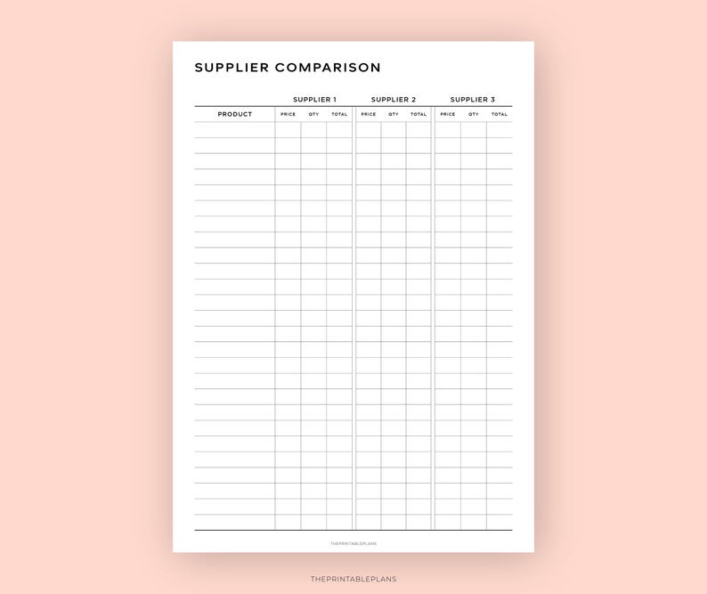 Supplier Comparison Sheet Printable, Product Supplier Cost Comparison ...