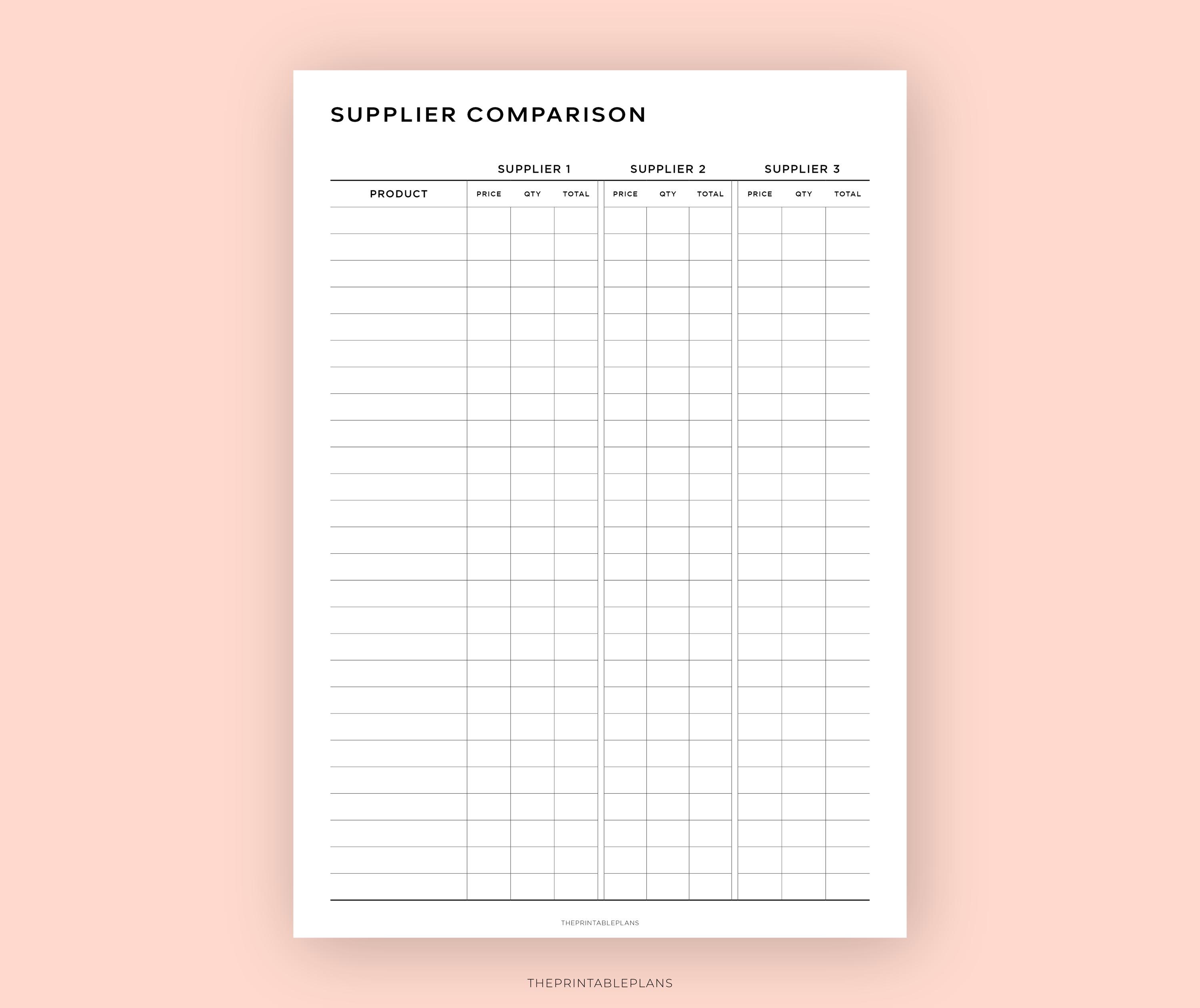 Supplier Comparison Sheet Printable, Product Supplier Cost Comparison ...