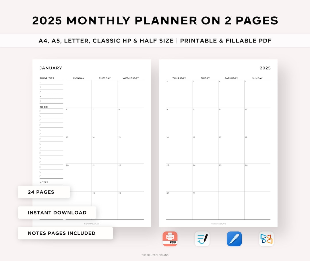2025 Monthly Planner Printable, Dated Month on 2 Pages, 2025 Calendar ...