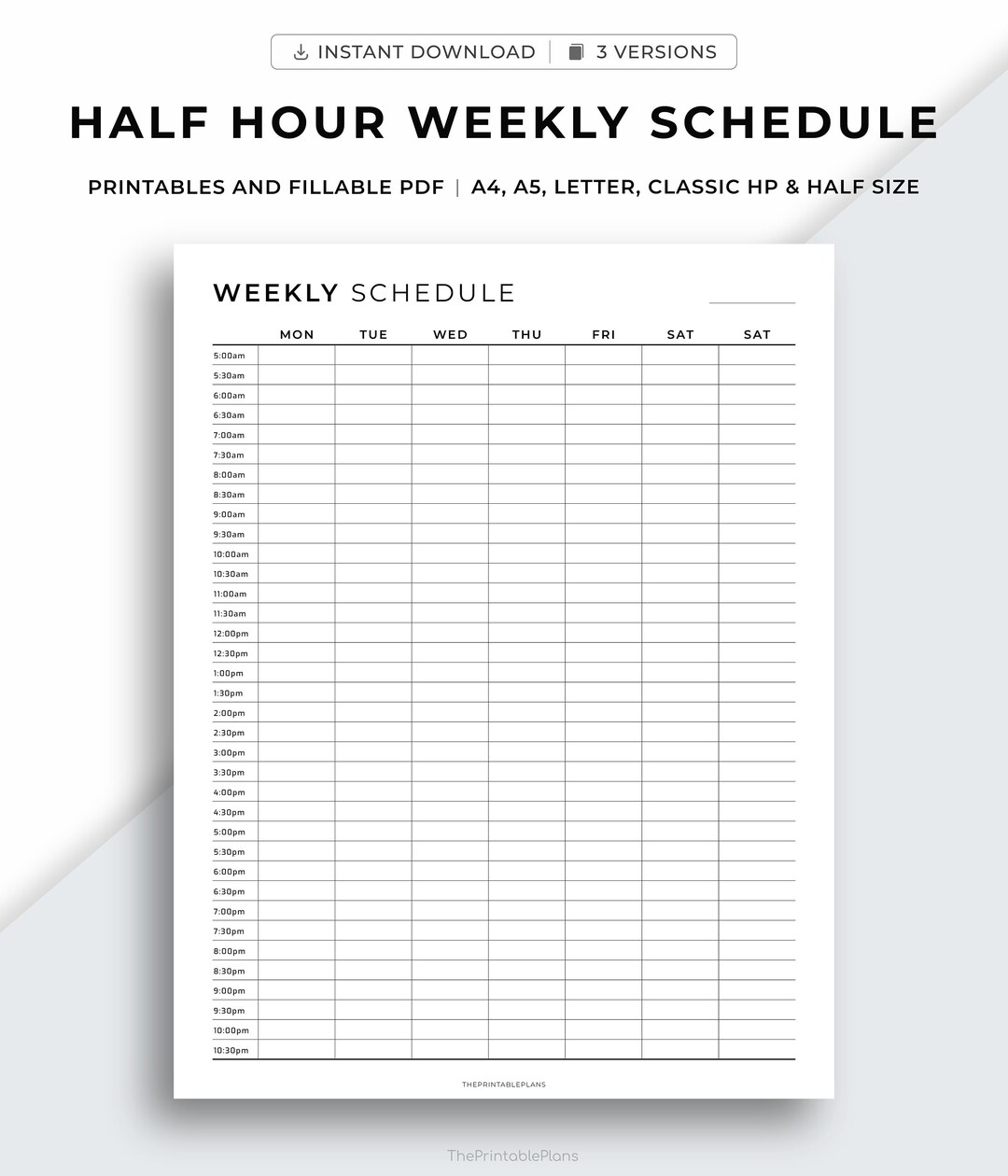 Half Hour Weekly Schedule, Weekly Planner Printable, Week at a Glance ...