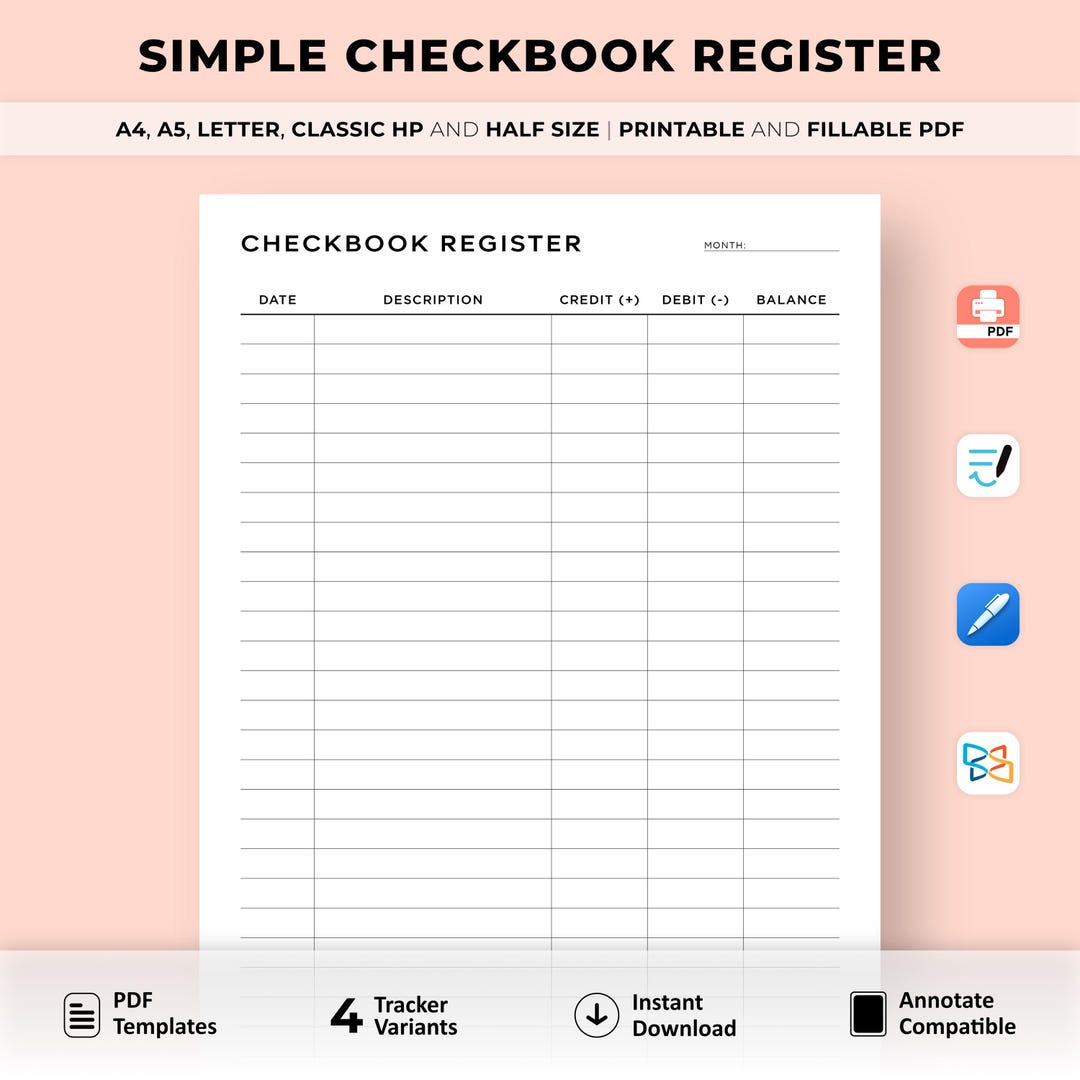 Checkbook Register Printable, Check Transaction Tracker, Checkbook ...