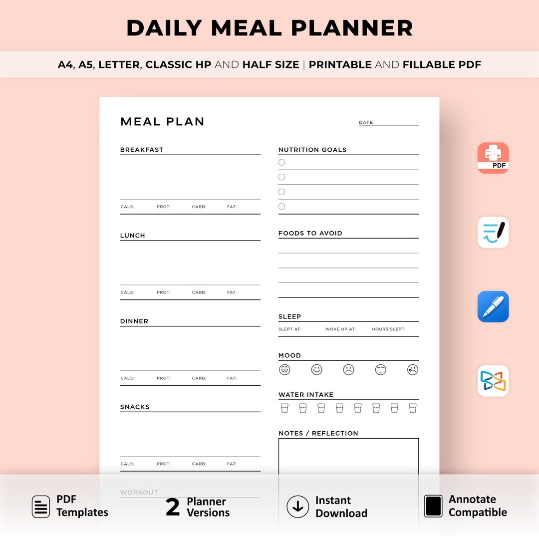 Meal Planner Printable, Daily Meal Planner, Food Diary, Food Journal ...