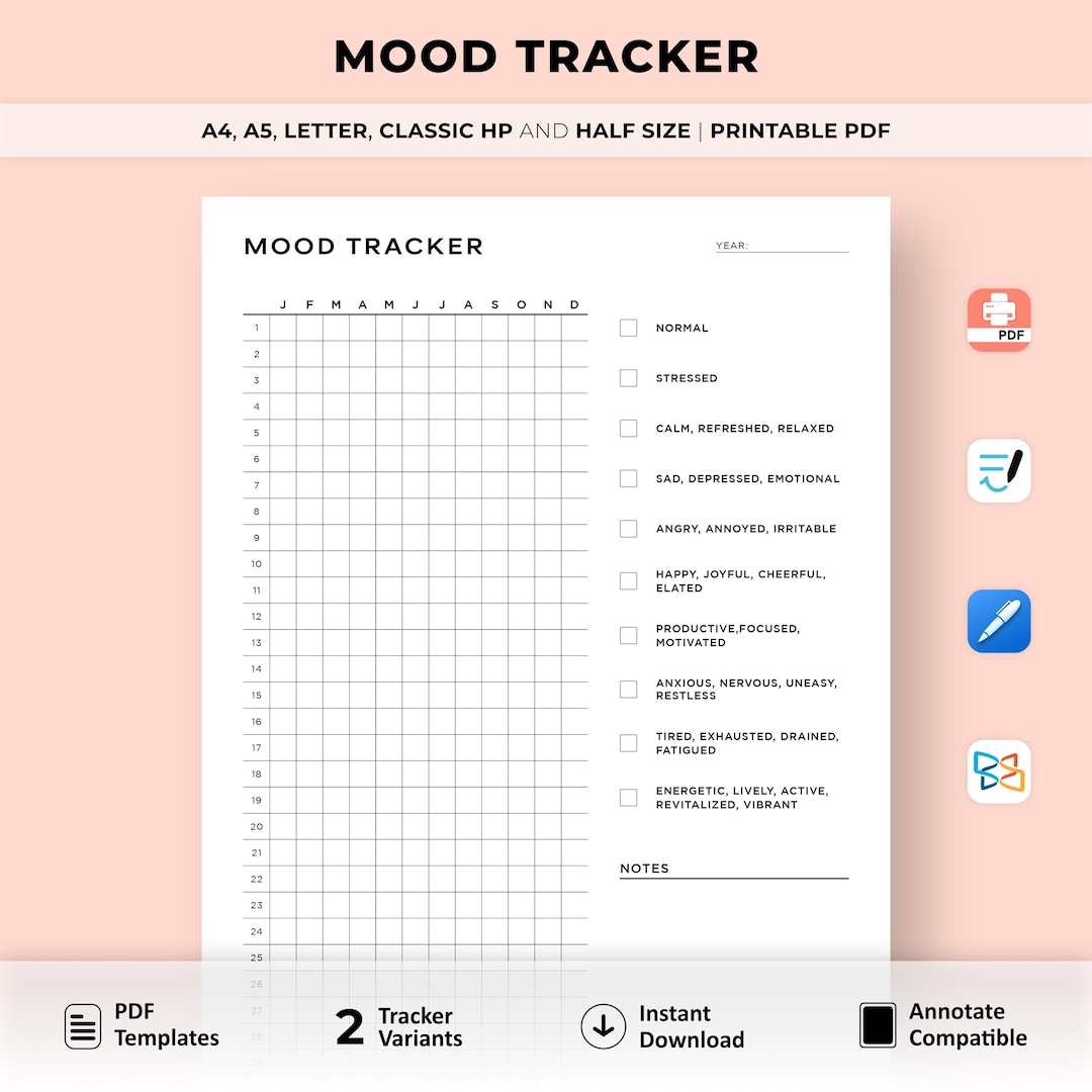 Mood Tracker Printable, Mood Journal, Feelings Tracker, Emotion Tracker ...