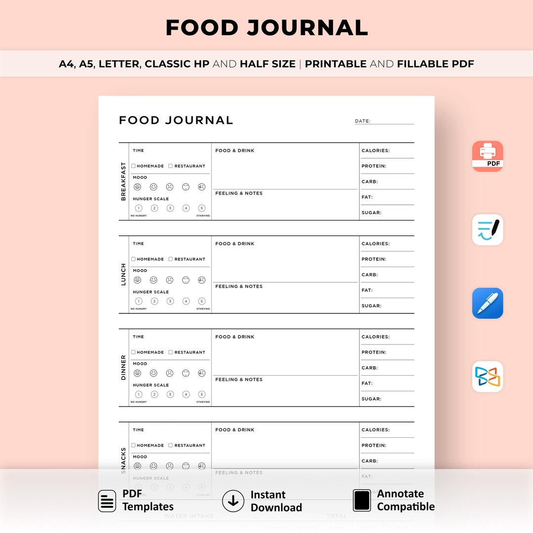 Food Journal Printable, Daily Food Diary Printable, Daily Food Journal ...