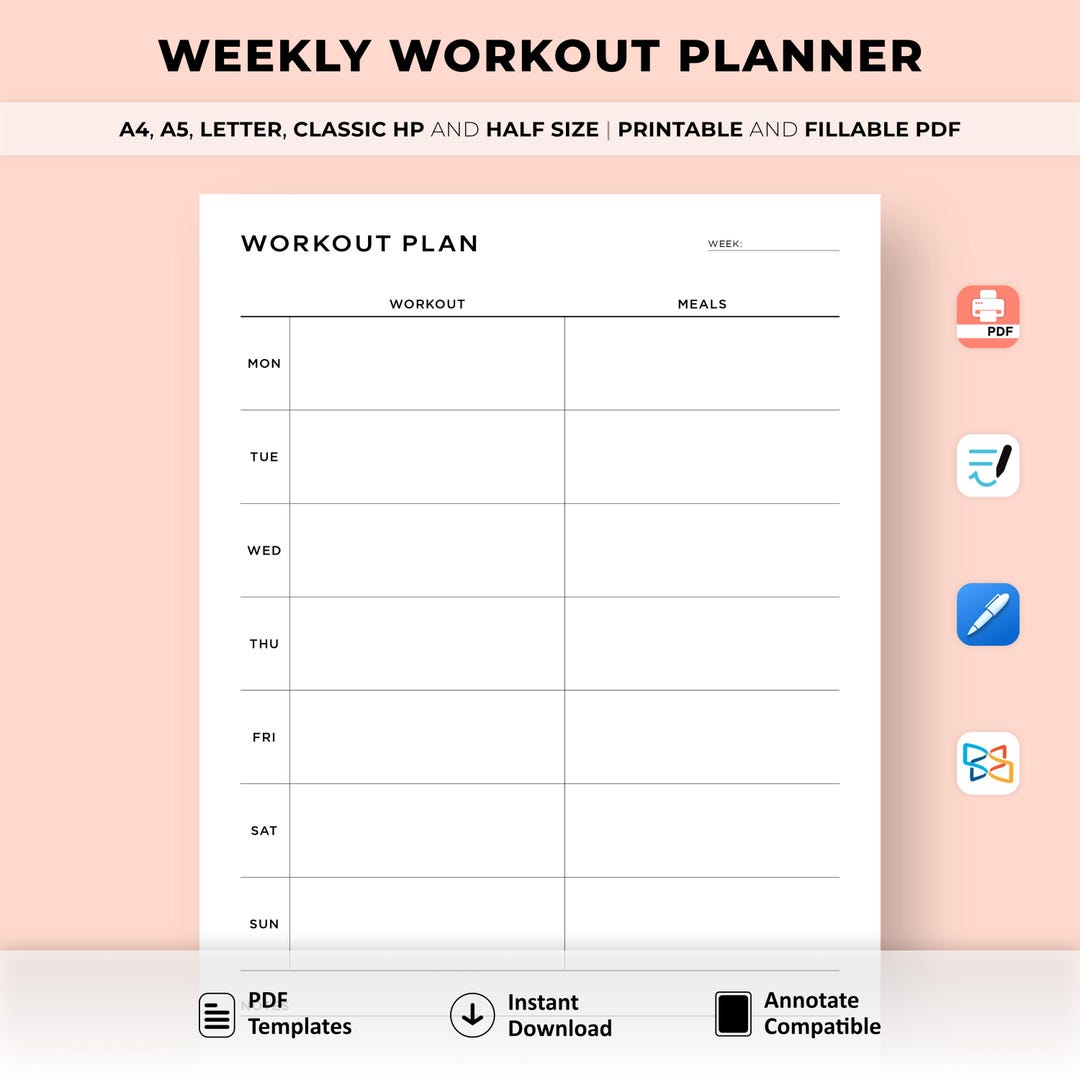 Weekly Workout Planner Printable, Workout Tracker, Meal Planner, Health ...