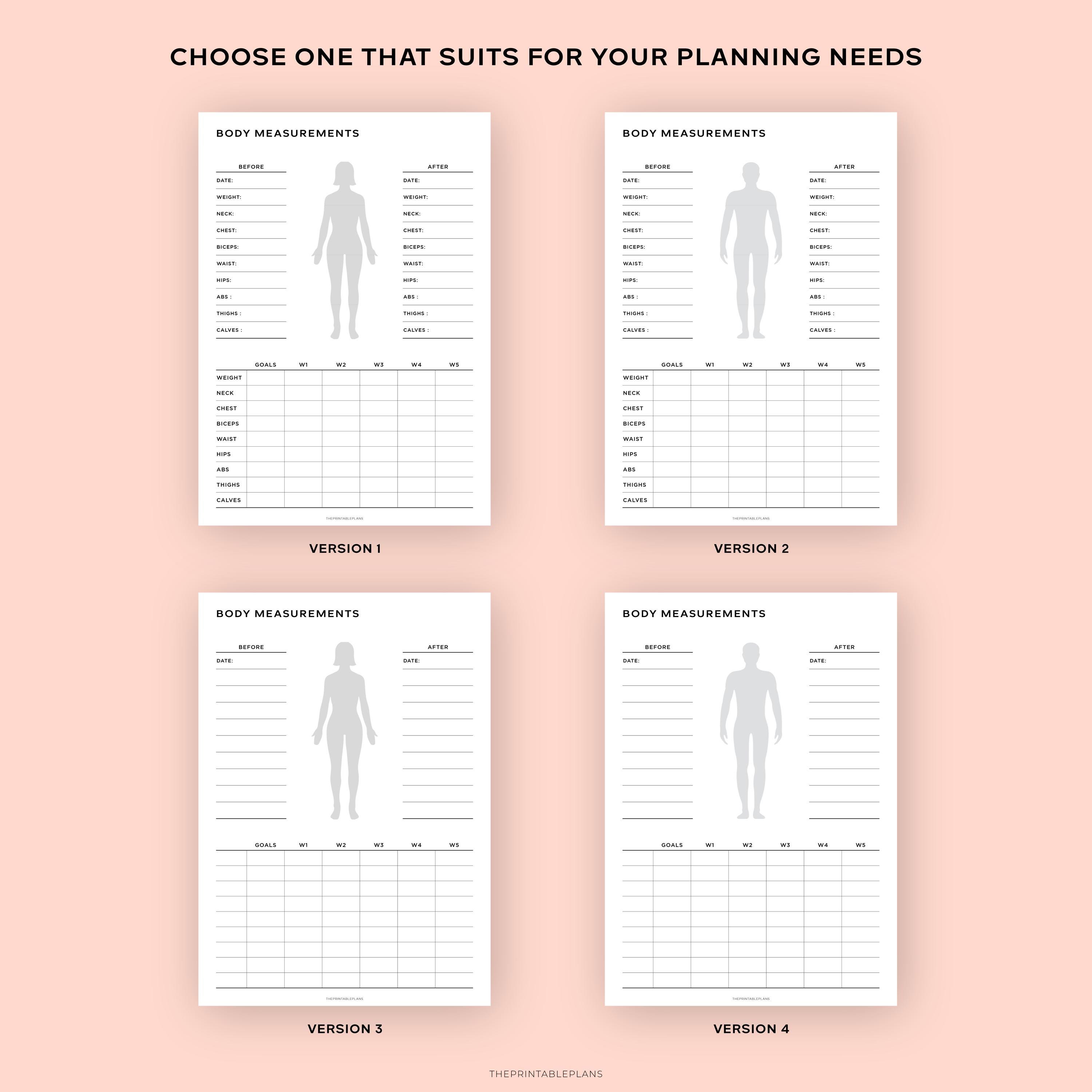 Body Measurements Tracker Printable, Body Transformation Template ...