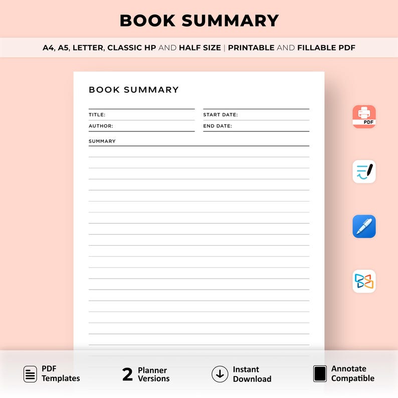 Book Summary Printable, Reading Summary Template, Reading Journal, A4 ...