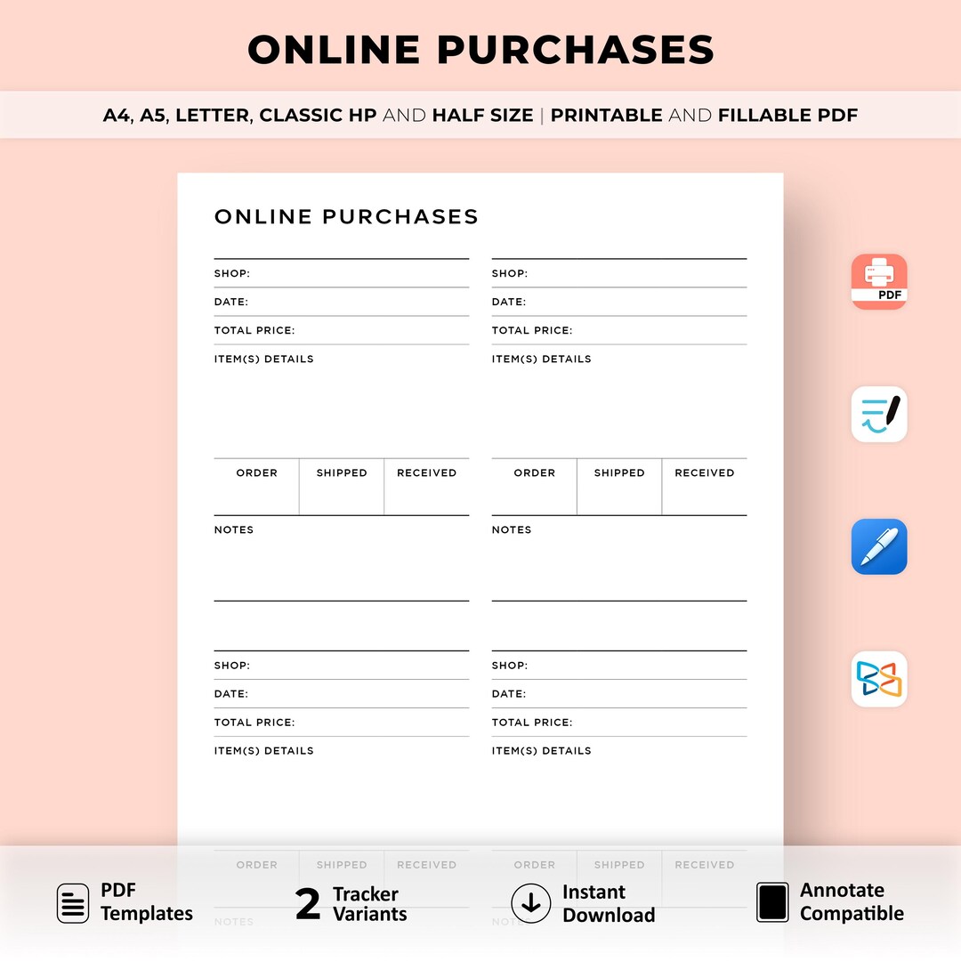 Online Purchases Tracker Printable, Order Tracker Template, Shopping List, Items to Buy ...
