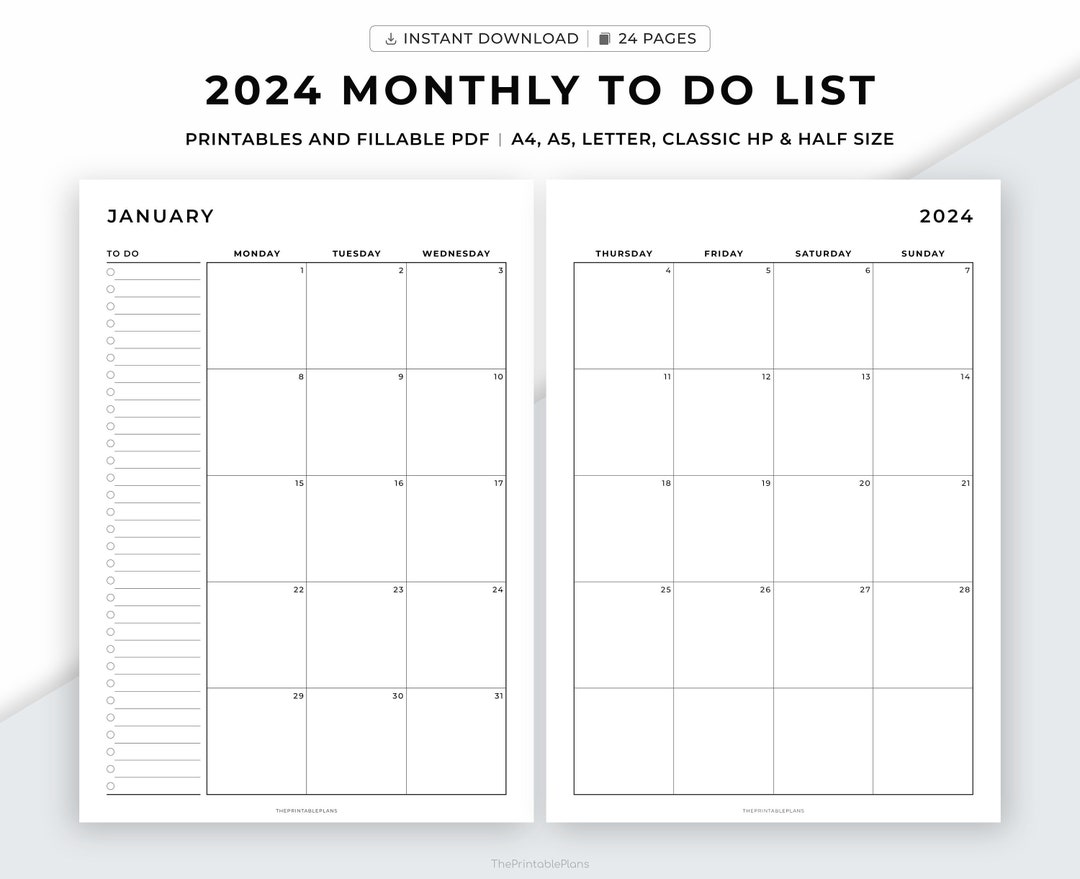 2024 Monthly to Do List on Two Pages, Productivity Monthly Planner ...